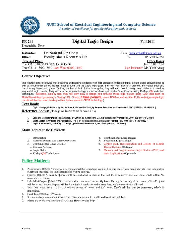 EE 241 Digital Logic Design - Course Outline | PDF | Logic Gate ... EE 241 Digital Logic Design - Course Outline | PDF | Logic Gate ...