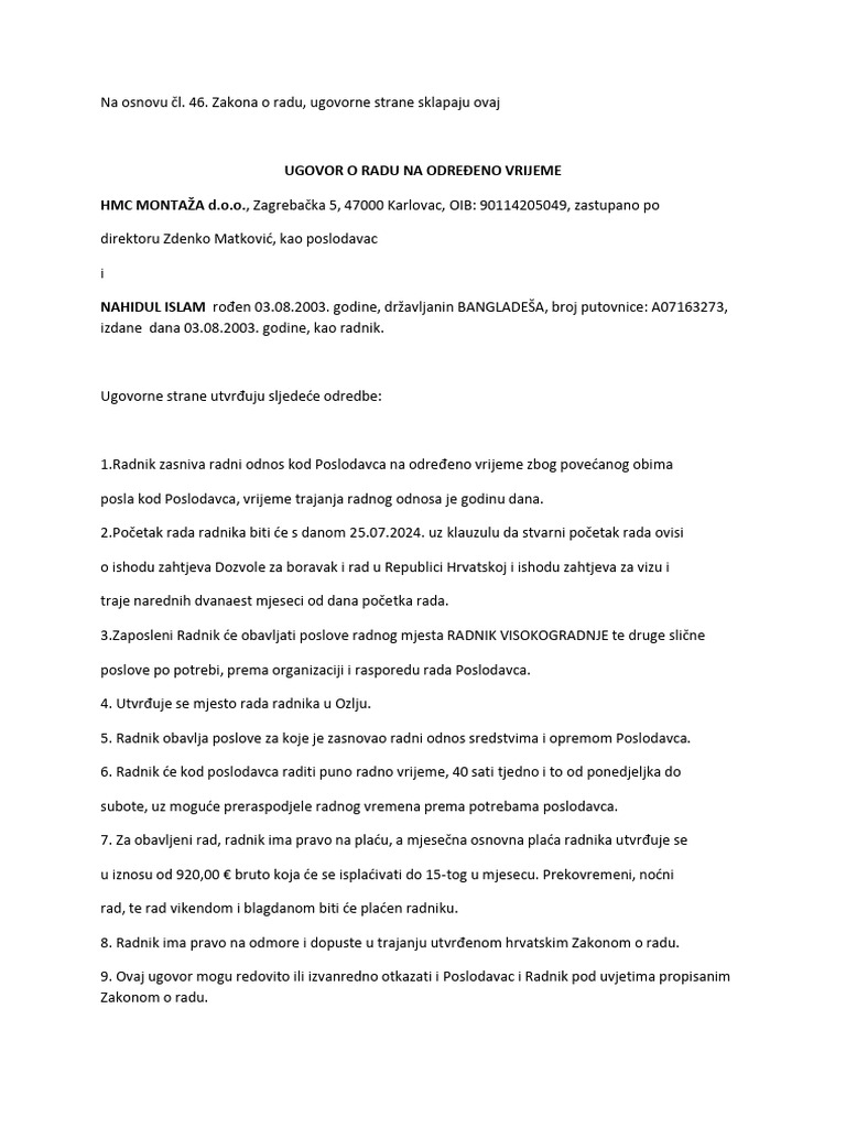 Nahidul Islam-Ugovor o Radu | PDF