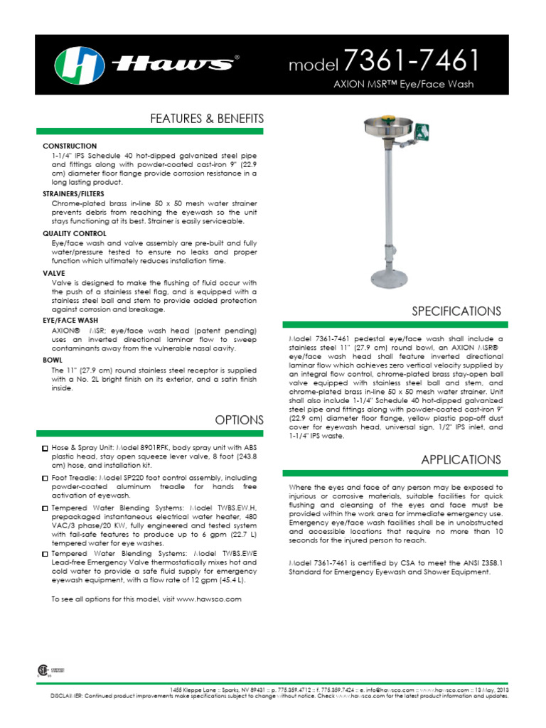 Haws Model 7361 7461 Specsheet | PDF