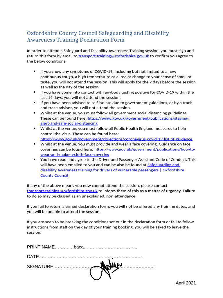 Training Declaration Form | PDF