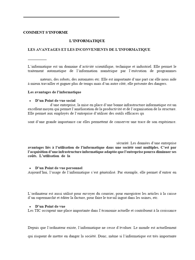 Avantages et Inconvénients de l'Informatique | PDF | Business