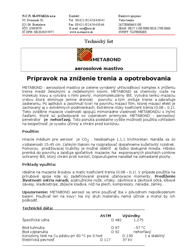 METANOVA - METABOND Aerosolové Mazivo - Technický List | PDF