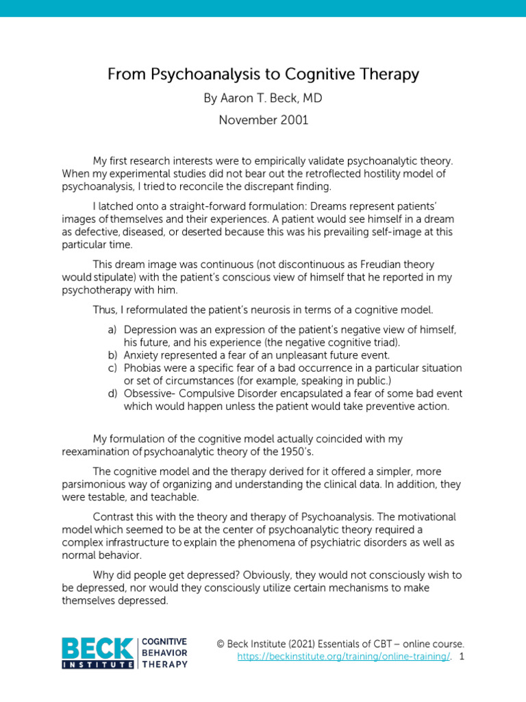 From Psychoanalysis To Cognitive Therapy Additional Resource | PDF