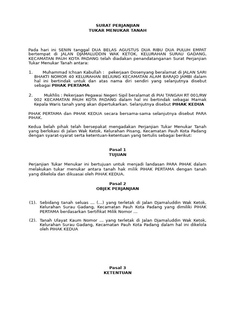 Perjanjian Tukar Tanah BG Ichsan | PDF