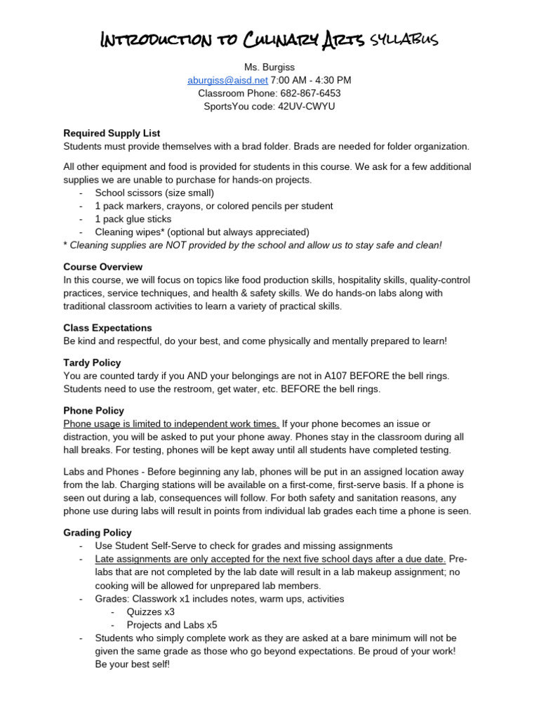 Introduction To Culinary Arts Syllabus: Required Supply List | PDF