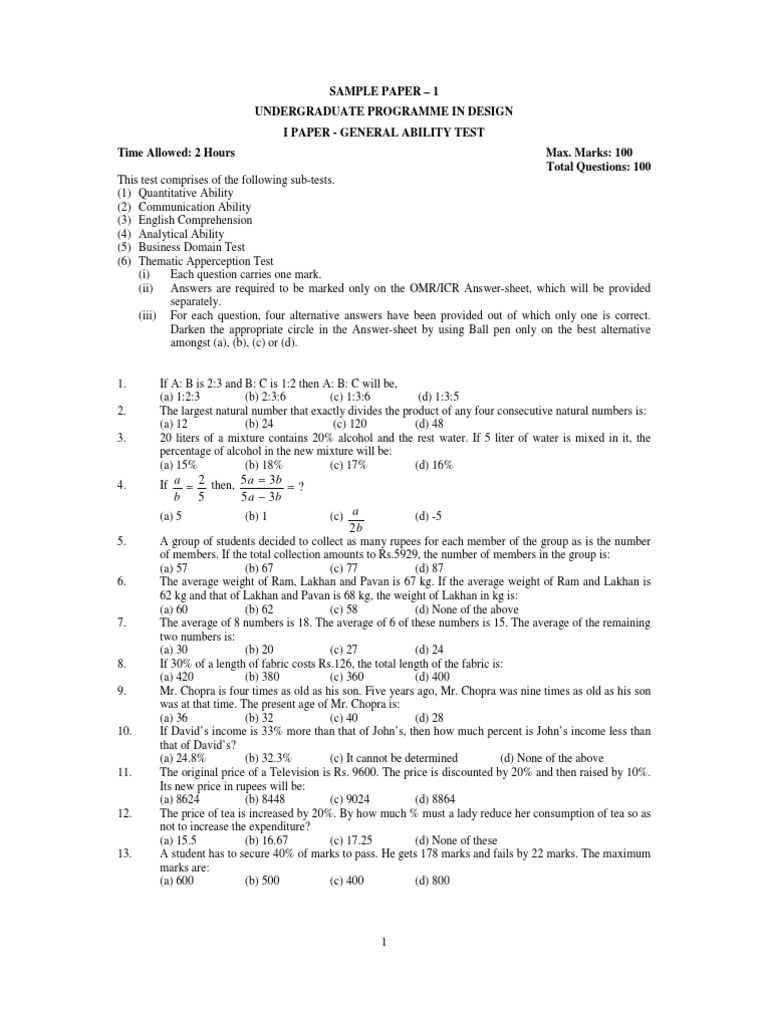 Sample Paper - 1 Undergraduate Programme in Design I Paper - General ...