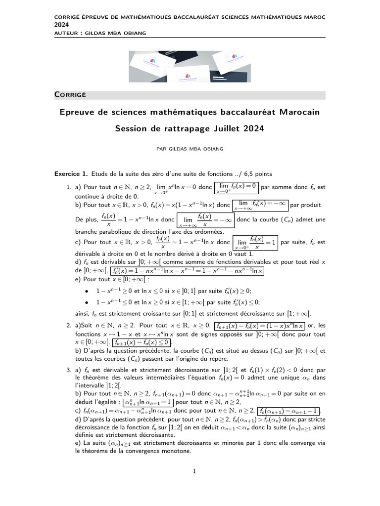 Corrigé Épreuve de Rattrapage Bac Sciences Maths Maroc 2024 | PDF
