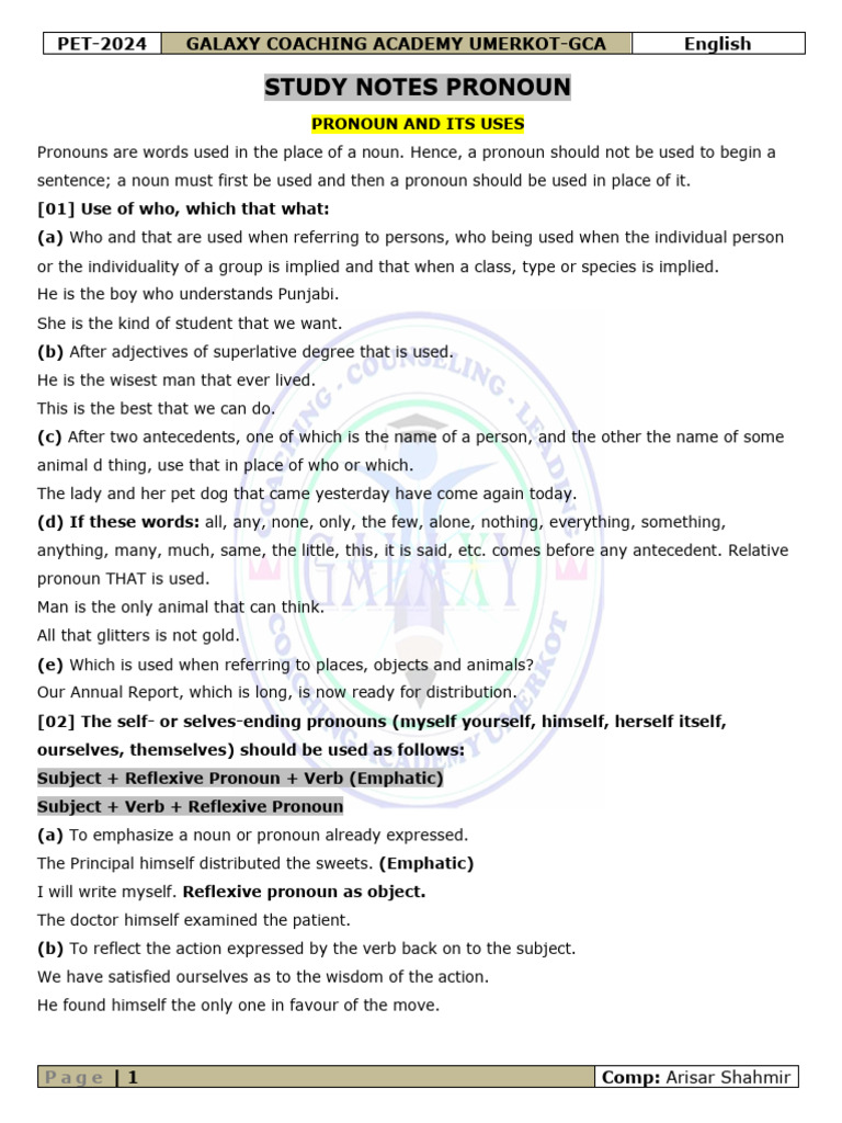 Study Notes Pronoun | PDF