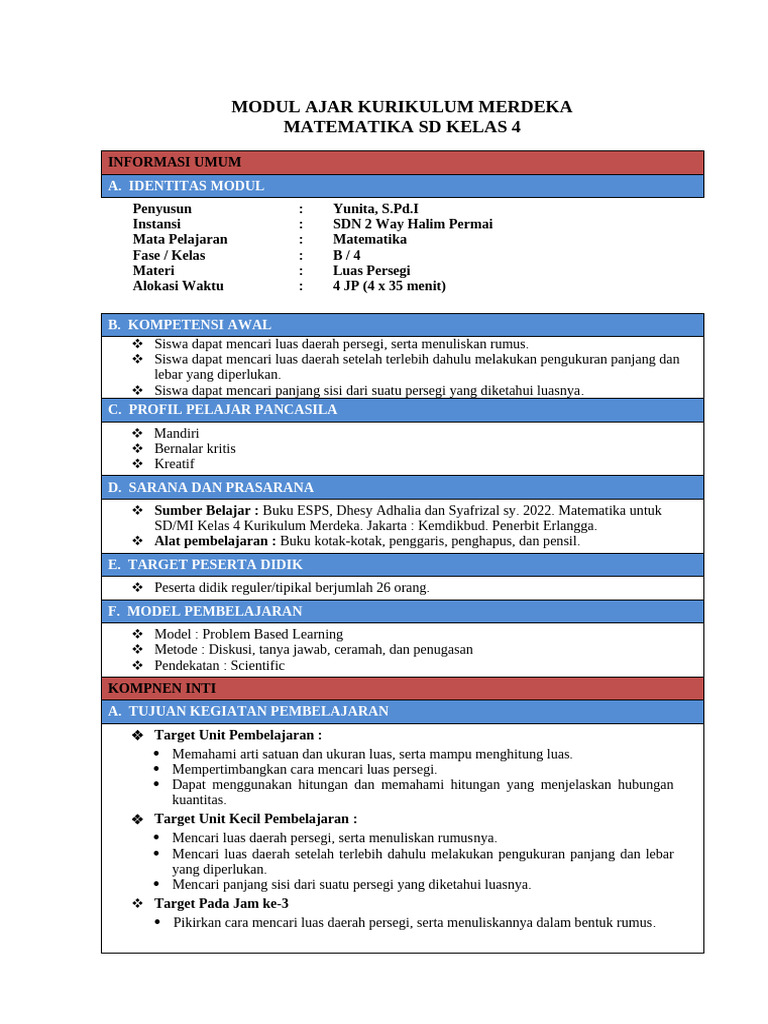 Modul Ajar MTK Unit 12 Kelas 4 Semester 2 Yunita Fix | PDF