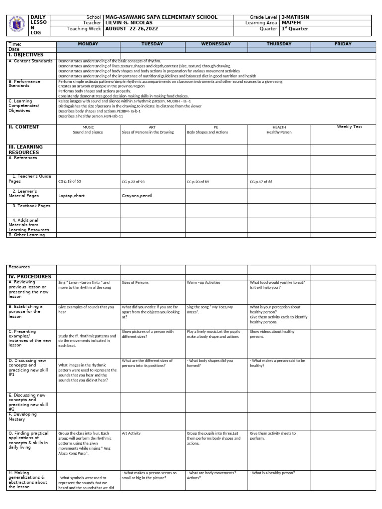 DLL MAPEH Q1 WEEK 1.new Template | PDF | Learning | Drawing