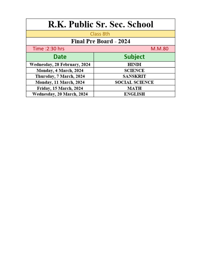 Class 8 Time Table | PDF