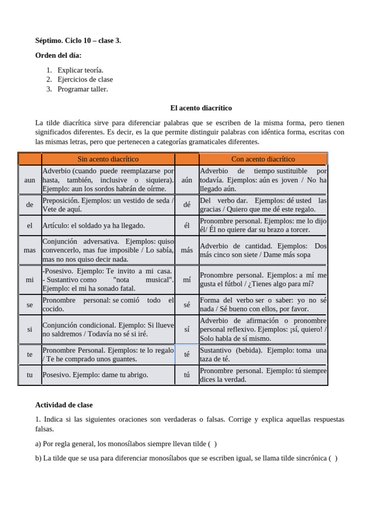 Clase 3. Ejercicios Acento Diacrítico. | PDF