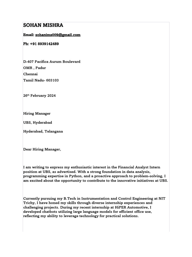 Cover Letter - UBS | PDF