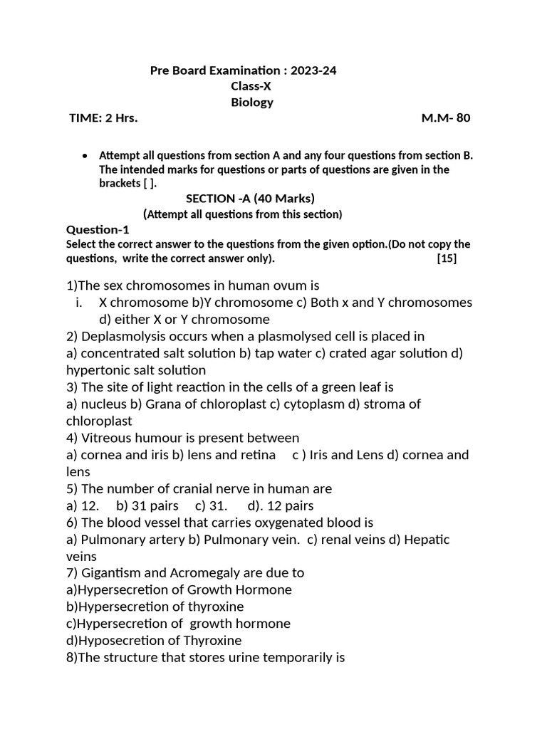 Pre Board Examination: 2023-24 Class-X Biology Time: 2 Hrs. M.M-80 | PDF