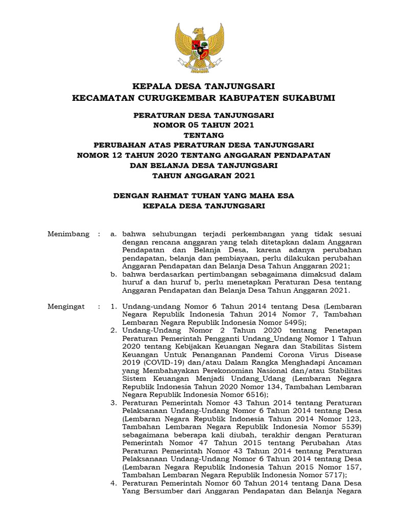Perdes Perubahan Apbdes Tahun 2021 F6u0c3 Perdes No 5 Perubahan Apbdes 2021 PDF | PDF