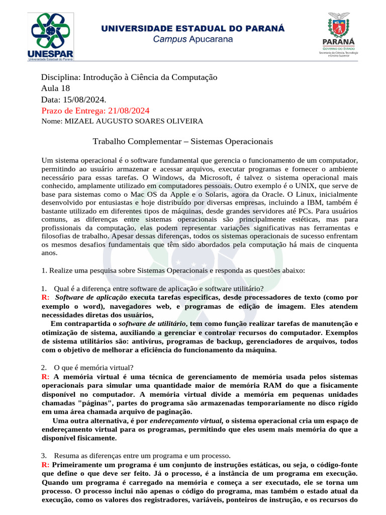 Aula 18 ICC - 15-08-24 - Trabalho Complementar | PDF