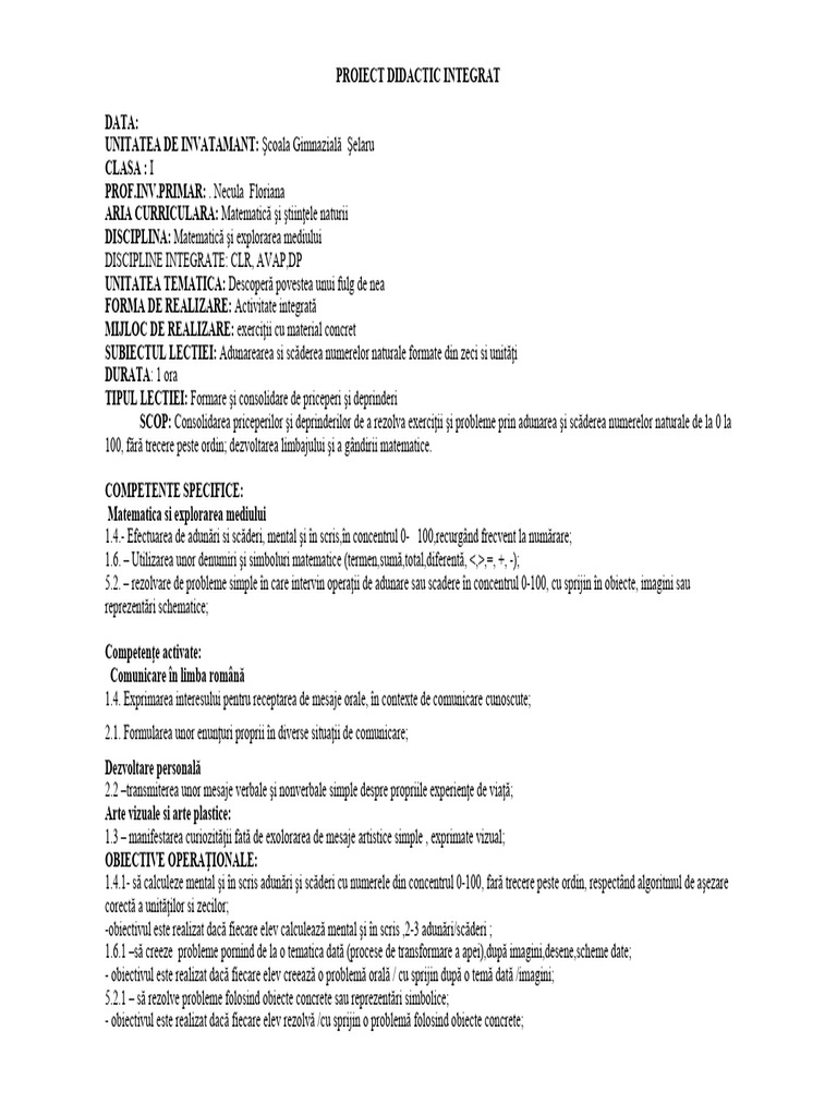 Proiect Didactic Integrat Descopera Povestea Unui Fulg de Nea (Necula Floriana) | PDF