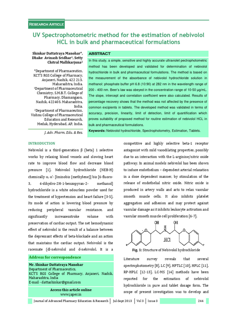 Uv Spectrophotometric Method For The Estimation of Nebivolol HCL in Bulk and Pharmaceutical ...