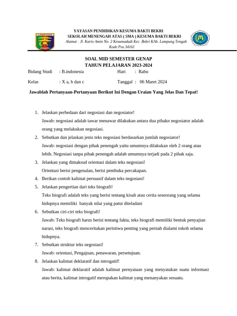 Soal B.indo Mid Genap 2024 | PDF