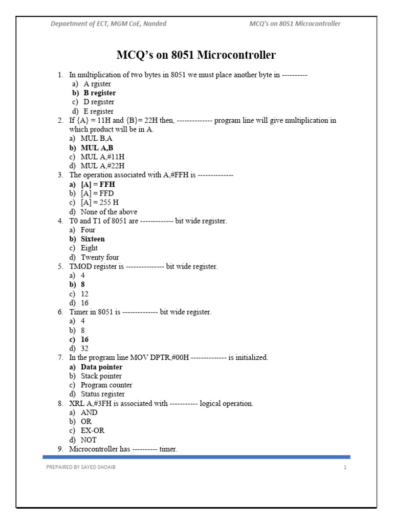 MCQ On 8051 Microcontroller | PDF