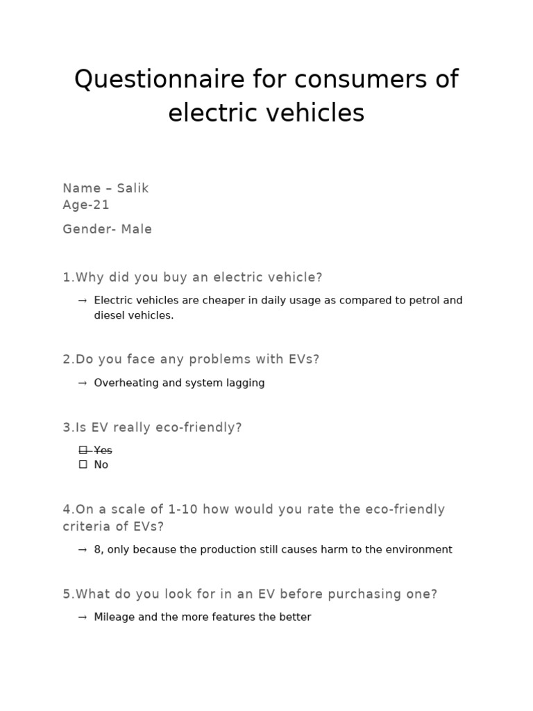 Questionnaire For Consumers of Electric Vehicles | PDF
