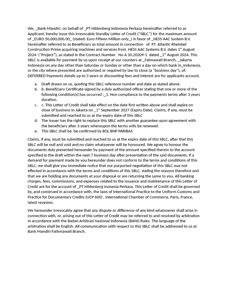 Draft SBLC Modfied BNPP | PDF