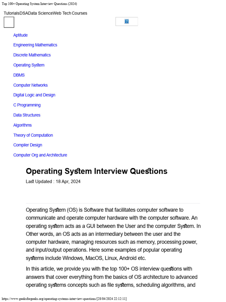 Top 100+ Operating System Interview Questions (2024) | PDF
