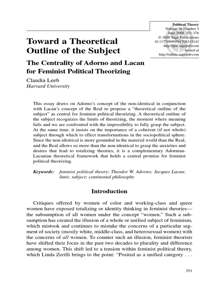 LEEB, Claudia. Toward A Theoretical Outline of The Subject. The Centrality of Adorno and Lacan ...