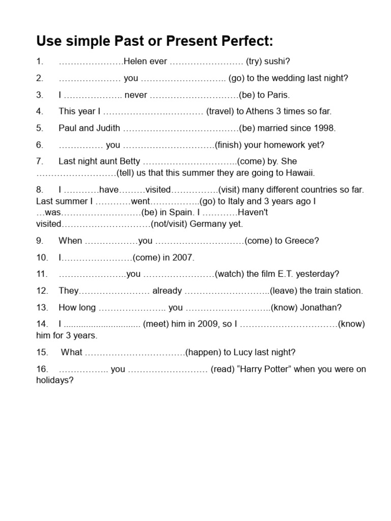 Past vs Present Perfect Exercises | PDF | Language Arts & Discipline | Art