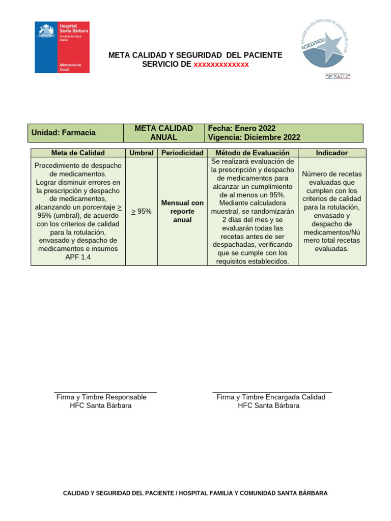 Formato Meta Calidad y Seguridad Del Paciente 2023 | PDF