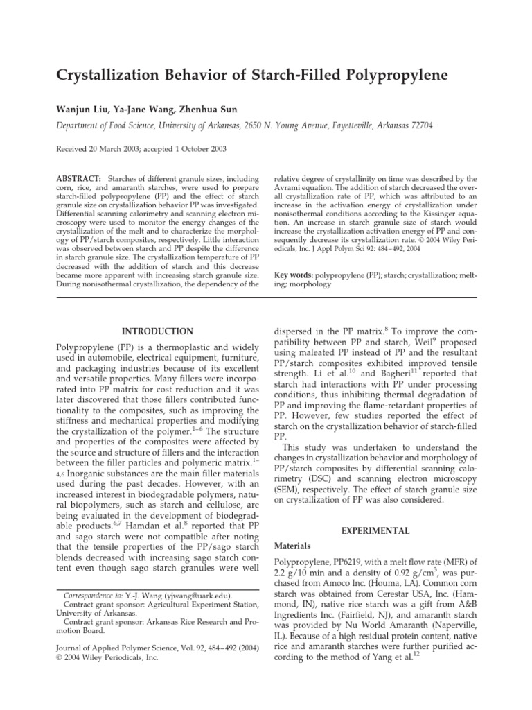 Crystallization Behavior of Starch-Filled Polypropylene | PDF