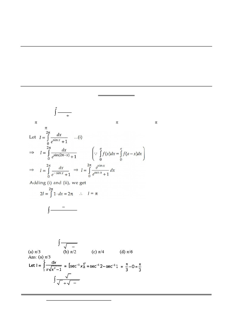 Maths Class Xii Chapter 07 Integrals Practice Paper 07 Answers | PDF
