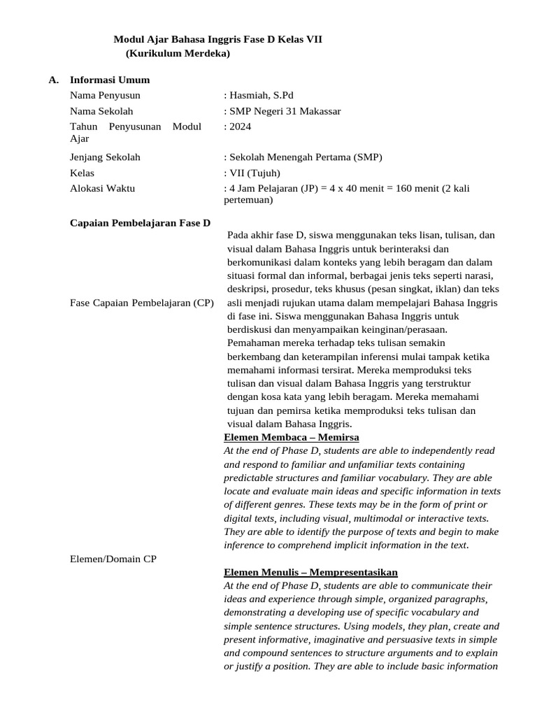 Modul Ajar Bing 7 Kur Merdeka Fase D - Daily Routine | PDF