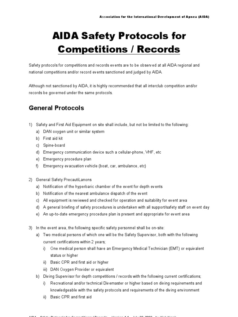 Aida Safety Protocol 1.1-Eng | PDF | Scuba Diving | Underwater Sports