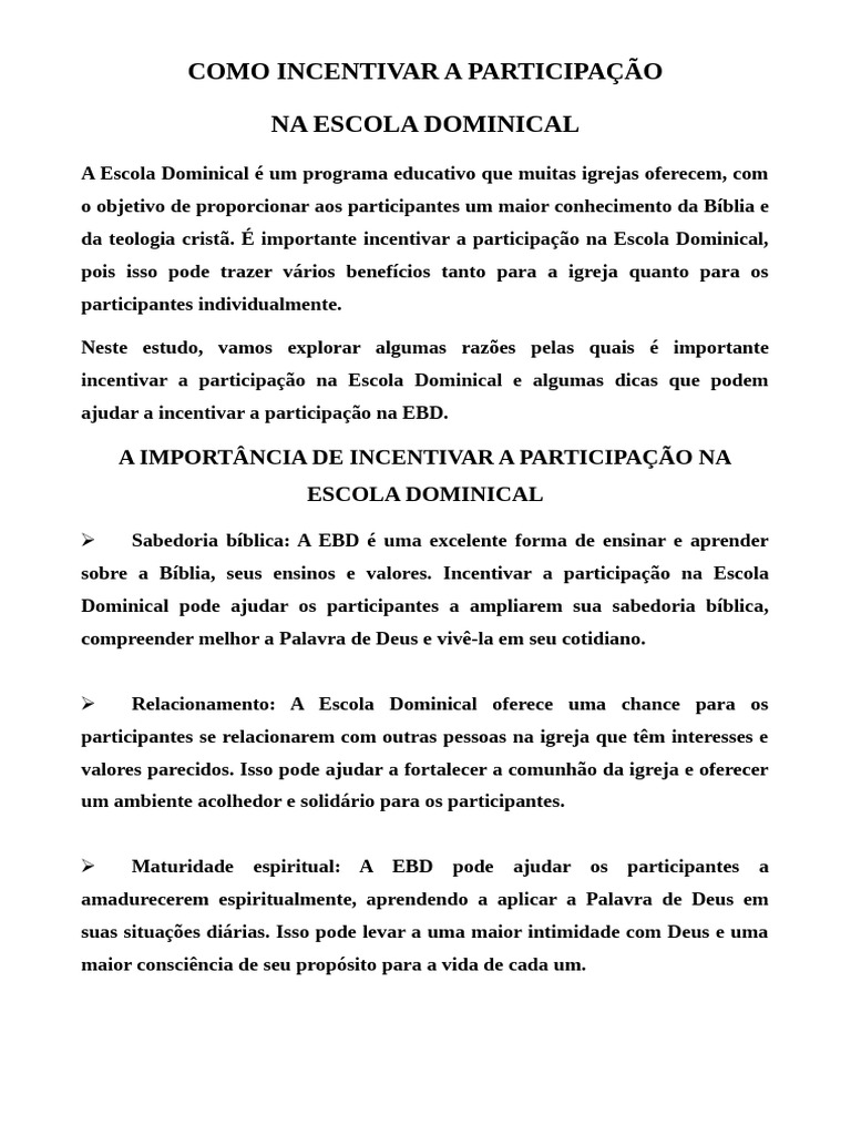 Como Incentivar A Participação Dos Aluno e Pais Na Ebd | PDF