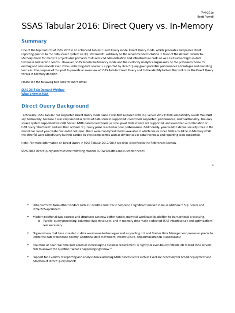 Ssas 2016 Tabular Direct Query Vs in Memory | PDF