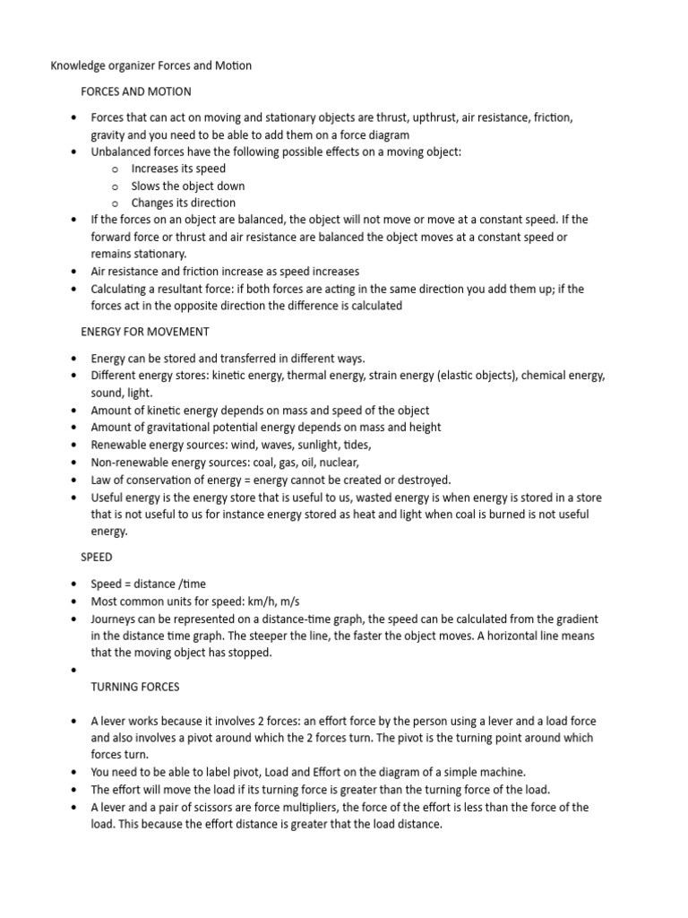 Forces and Motion Knowledge Organizer | PDF