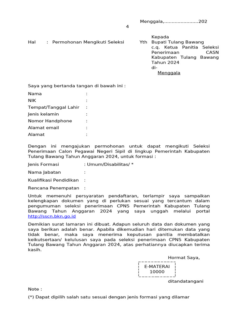 Surat - Lamaran CPNS 2024 | PDF