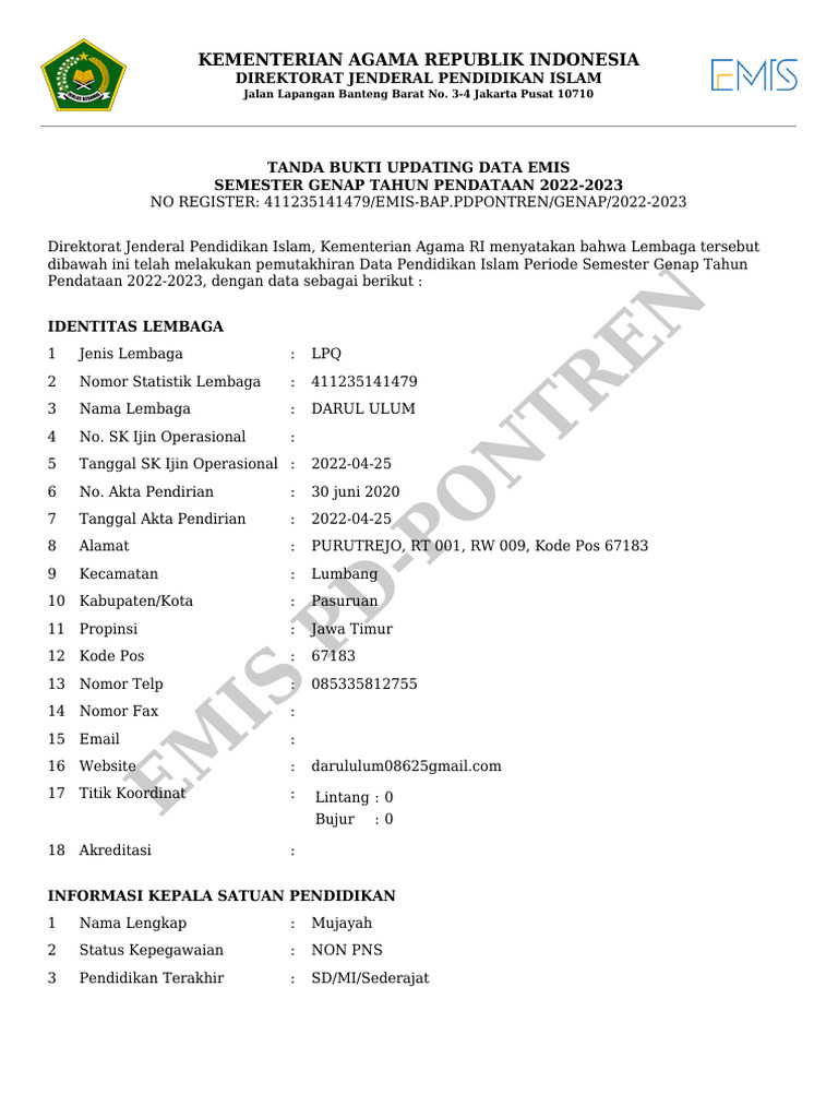 Emis TPQ Darul Ulum B. Mujayana Kronto Berita - Acara - Pendataan | PDF