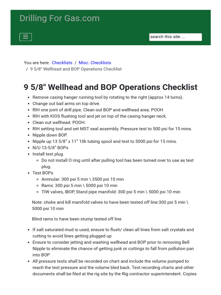 9 5 - 8 - Wellhead and BOP Operations Checklist | PDF