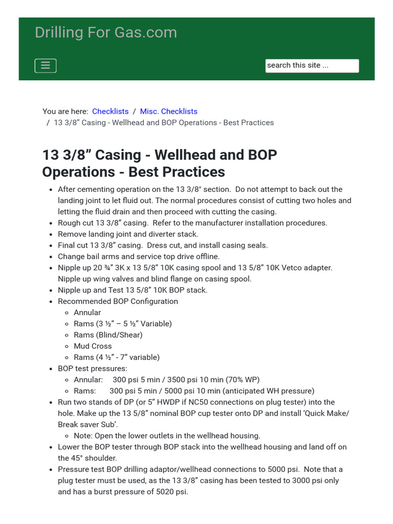 13 3 - 8" Casing - Wellhead and BOP Operations - Best Practices | PDF