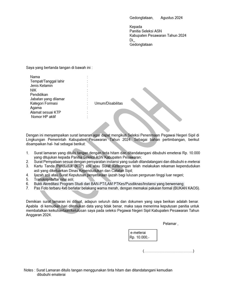 Contoh Surat Lamaran 2024 CPNS | PDF