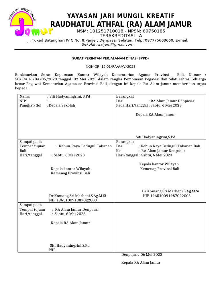 Raudhatul Athfal (Ra) Alam Jamur: Yayasan Jari Mungil Kreatif | PDF