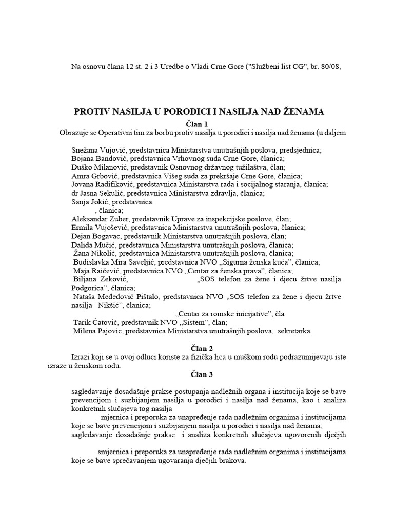 Predlog Odluke o Obrazovanju Operativnog Tima Za Borbu Protiv Nasilja U Porodici I Nasilja Nad ...