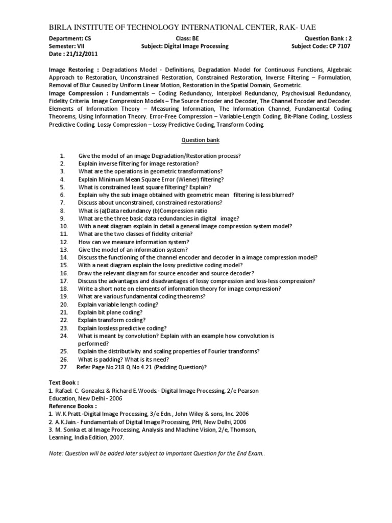 Digital Image Processing Q&A | PDF | Data Compression | Fourier Transform