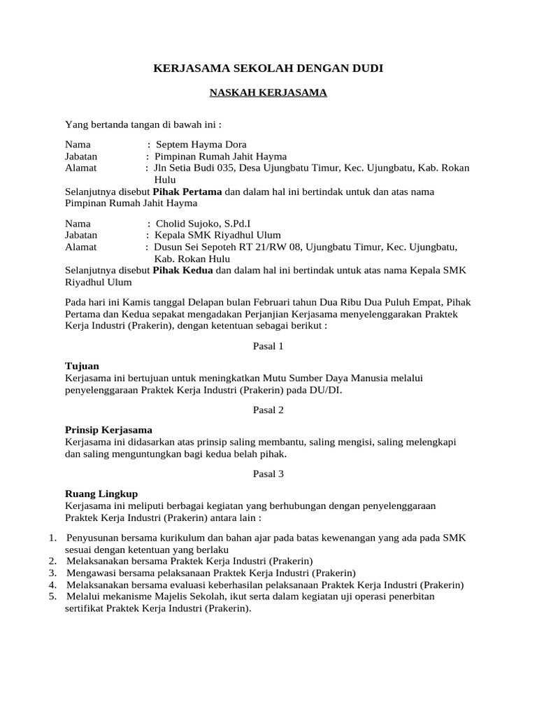 MoU Sekolah Dan Dudi | PDF