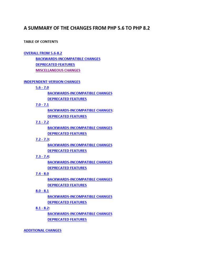 Summary of PHP Changes (5.6 - 8.2) | PDF
