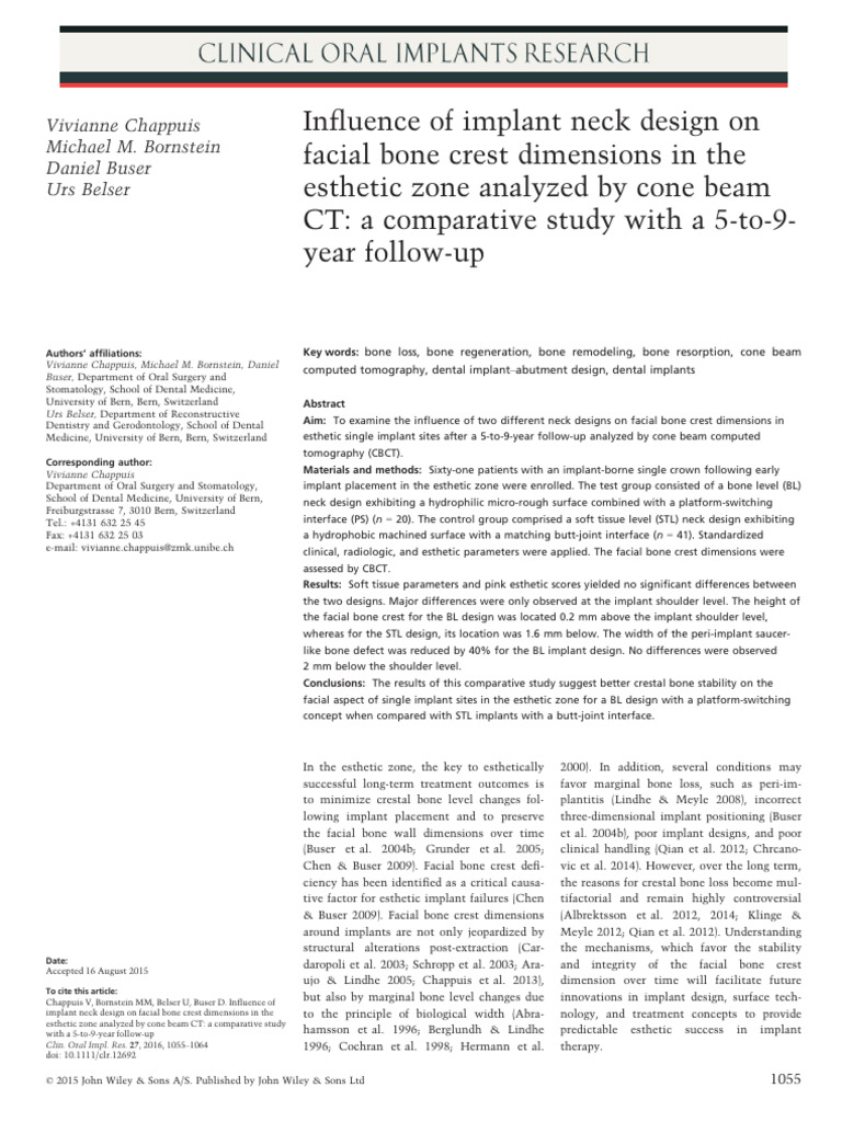 Clinical Oral Implants Res - 2015 - Chappuis - Influence of Implant Neck Design On Facial Bone ...