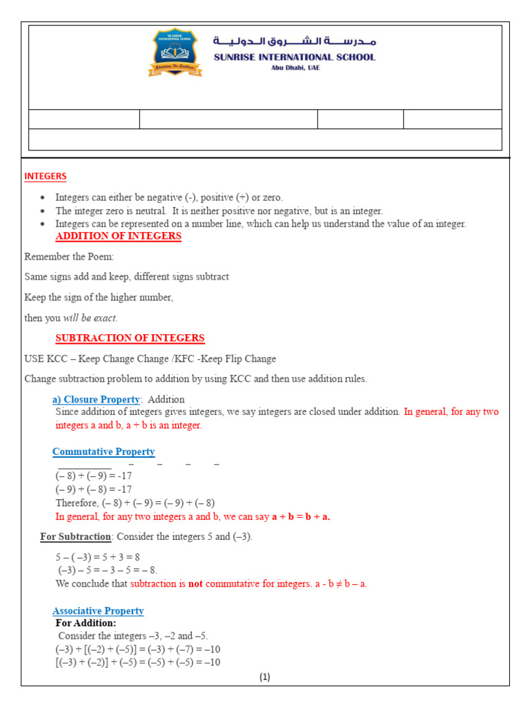 Grade-7-Chapter 1 - Integers - Thinks To Remember | PDF