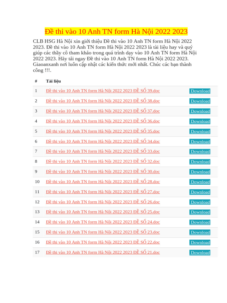Đề thi vào 10 Anh TN form Hà Nội 2022 2023 | PDF